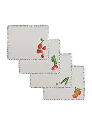 MISETTE Linen Embroidered Rectangular Placemats In White - Green