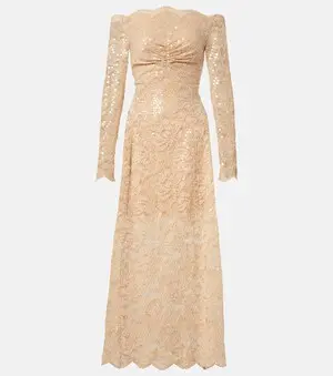 Rabanne Sequined Off-the-shoulder Lace Maxi Dress - Beige