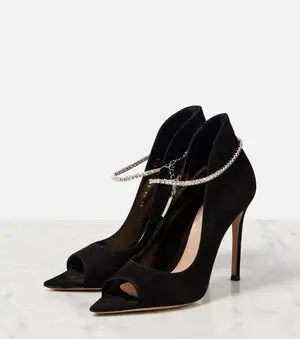 GIANVITO ROSSI Suede Crystal Embellished Peep-toe Pumps - Black