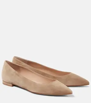 GIANVITO ROSSI Suede Pointed Toe Ballet Flats - Beige
