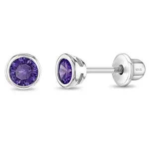 IN SEASON JEWELRY 925 Sterling Bezel Set Solitaire Earrings - Purple