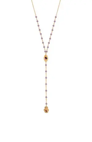 KARMA AND LUCK Amethyst Evil Eye Hamsa Lariat Necklace - Gold/purple