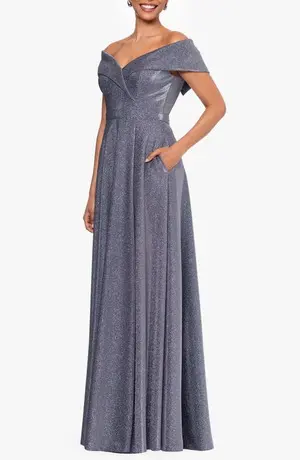 XSCAPE EVENINGS Glitter Off-the-shoulder Gown