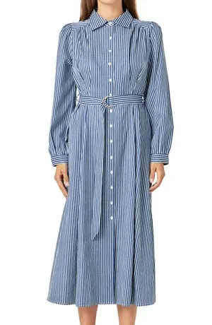 English Factory Stripe Long Sleeve Midi Shirt Dress