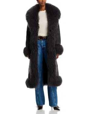 SUSANNA CHOW Dorothy Leather & Shearling Trim Midi Coat - Graphite