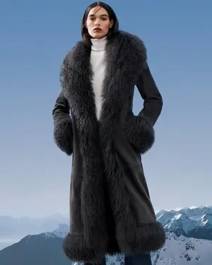 SUSANNA CHOW Dorothy Leather & Shearling Trim Midi Coat - Graphite