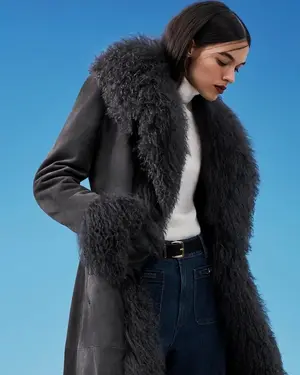 SUSANNA CHOW Dorothy Leather & Shearling Trim Midi Coat - Graphite
