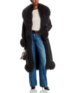 SUSANNA CHOW Dorothy Leather & Shearling Trim Midi Coat - Graphite