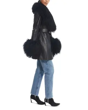 SUSANNA CHOW Leather Shearling Trim Belted Jacket - Black