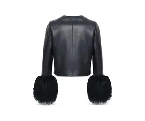 SUSANNA CHOW Leather Cropped Shearling Cuff Jacket