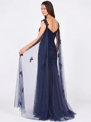 LARA NEW YORK Beaded Gown With Feathers - Navy
