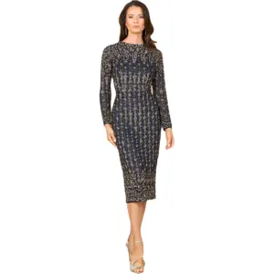 LARA NEW YORK Beaded Long Sleeve Midi Dress - Navy