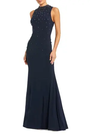 Mac Duggal High Neck Sleeveless Beaded Jersey Gown - Navy