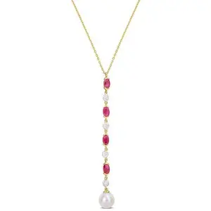 JULIANNA B. 10k Yellow Gold Pearl, And Diamond Lariat Necklace - Ruby