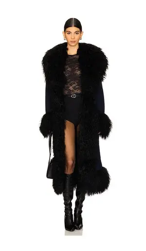 SUSANNA CHOW Dorothy Suede Maxi Coat With Fur Trim - Navy
