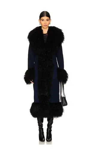 SUSANNA CHOW Dorothy Suede Maxi Coat With Fur Trim - Navy Blue & Black