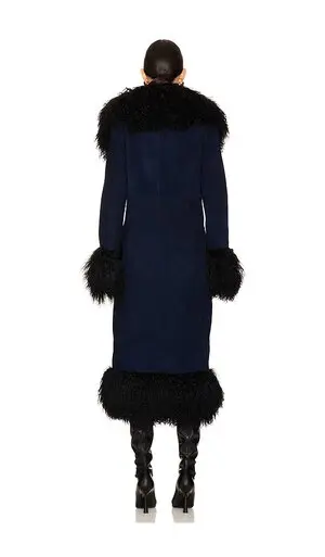 SUSANNA CHOW Dorothy Suede Maxi Coat With Fur Trim - Navy Blue & Black