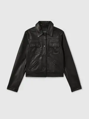 REISS Ely Leather Trucker Jacket - Black