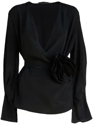 SIMONA CORSELLINI Floral Appliqué Wrap Blouse - Black