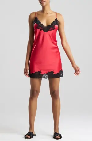 Natori Peony Glamour Lace Trim Satin Chemise - Red Black