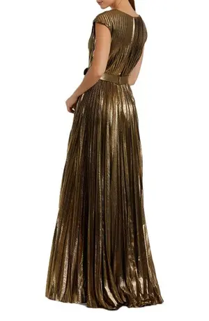 Mac Duggal Pleated Metallic Jersey Gown With Belt