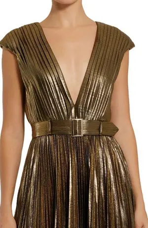 Mac Duggal Pleated Metallic Jersey Gown With Belt