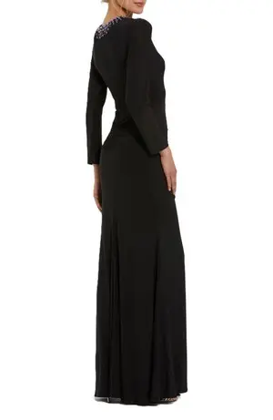 Mac Duggal Long Sleeve Jersey Ruched Gown With Beaded Neck