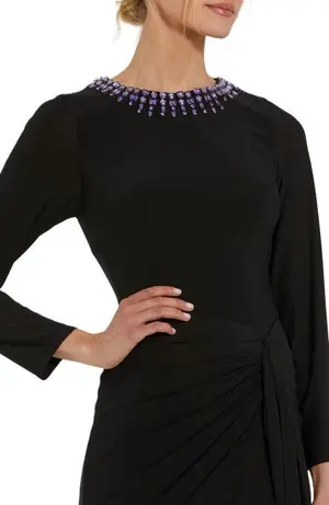 Mac Duggal Long Sleeve Jersey Ruched Gown With Beaded Neck