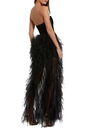 Mac Duggal Strapless Bustier Net Gown With Spiral Ruffles - Black