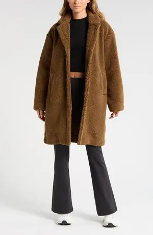 Zella Faux Shearling Longline Coat - Brown Teak
