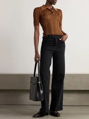 FRAME Ribbed-knit Polo Shirt - Brown