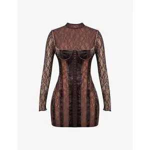 House Of Cb Marica Crushed-velvet Stretch-lace Mini Dress - Brown