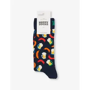 Happy Socks Beer And Sausage Stretch-cotton Blend Socks - Navy