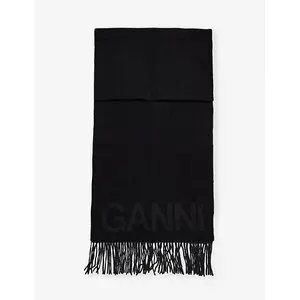 GANNI Logo-pattern Fringed Wool Scarf - Black