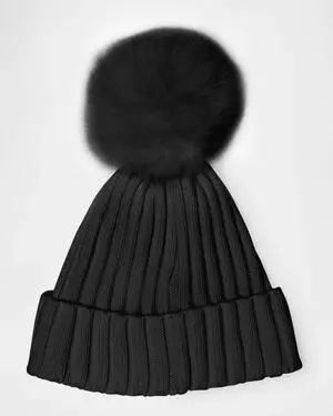 Moncler Ribbed Beanie With Faux Fur Pom - Black