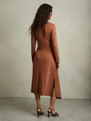 REISS Casey Draped Jersey Midi Dress - Camel