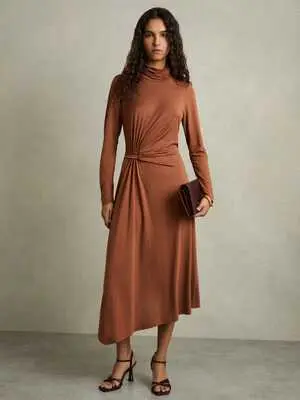 REISS Casey Draped Jersey Midi Dress - Camel
