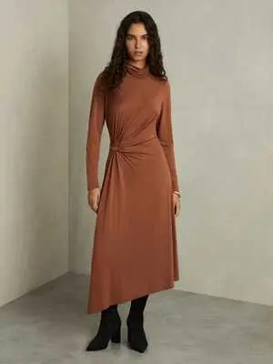 REISS Casey Draped Jersey Midi Dress - Camel