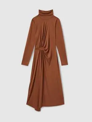 REISS Casey Draped Jersey Midi Dress - Camel