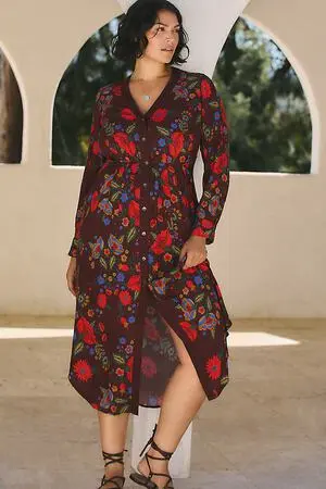 BL-NK Rikke Long-sleeve Button-front Midi Dress - Brown Pattern