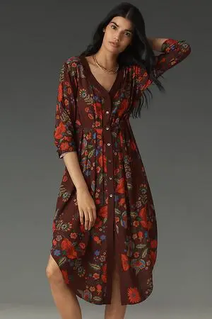 BL-NK Rikke Long-sleeve Button-front Midi Dress - Brown Pattern