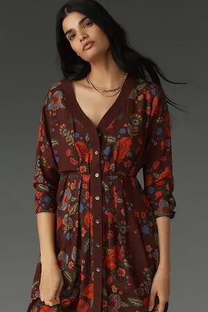 BL-NK Rikke Long-sleeve Button-front Midi Dress - Brown Pattern