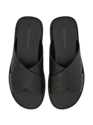 FERRAGAMO Monogram Leather Slides - Black