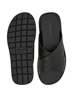 FERRAGAMO Monogram Leather Slides - Black