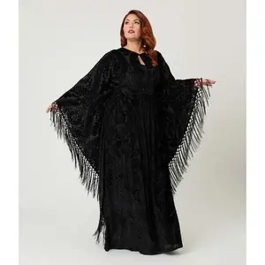 Unique Vintage 1960s Fringe Flutter Sleeve Caftan - Black