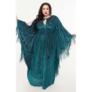 Unique Vintage 1960s Fringe Flutter Sleeve Caftan - Emerald Floral