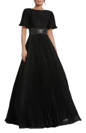 Mac Duggal Pleated Shimmering Georgette Flutter Sleeve Gown - Black