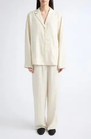 TOTEME Monogram Embroidered Flannel Pajama Top - Ecru