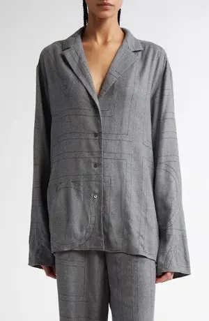 TOTEME Monogram Embroidered Flannel Pajama Top - Smoke Melange