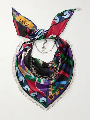 Emilio Pucci Embellished Printed Silk-twill Scarf - Black